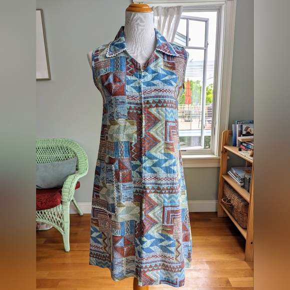 Vintage | Dresses | Vintage 97s Blue Brown Geometric Zipper Front Big ...